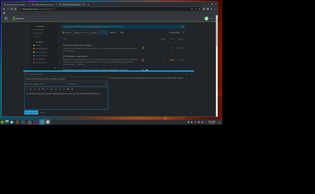 [Solved] Screen scrolling to the top after last update 11/12/2023 - Applications - openSUSE Forums