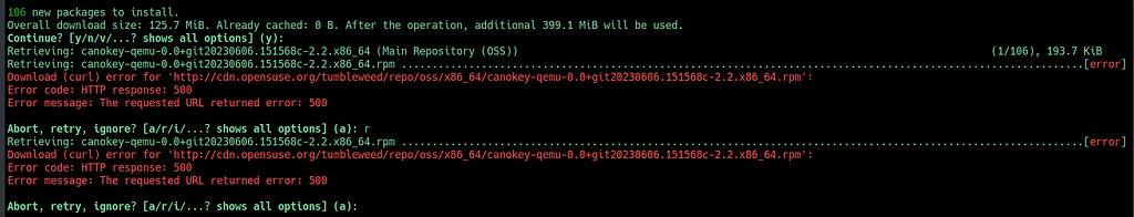 Zypper HTTP Response 500 - Consistently for hours, different RPMs, but can download manually ...