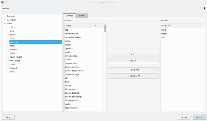 Cannot remove Service from firewall Zone with YaST or firewall-cmd - YaST showing errors ...