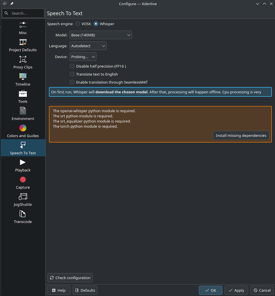 Can't install whisper using kdenlive's interface. Unable to create ...