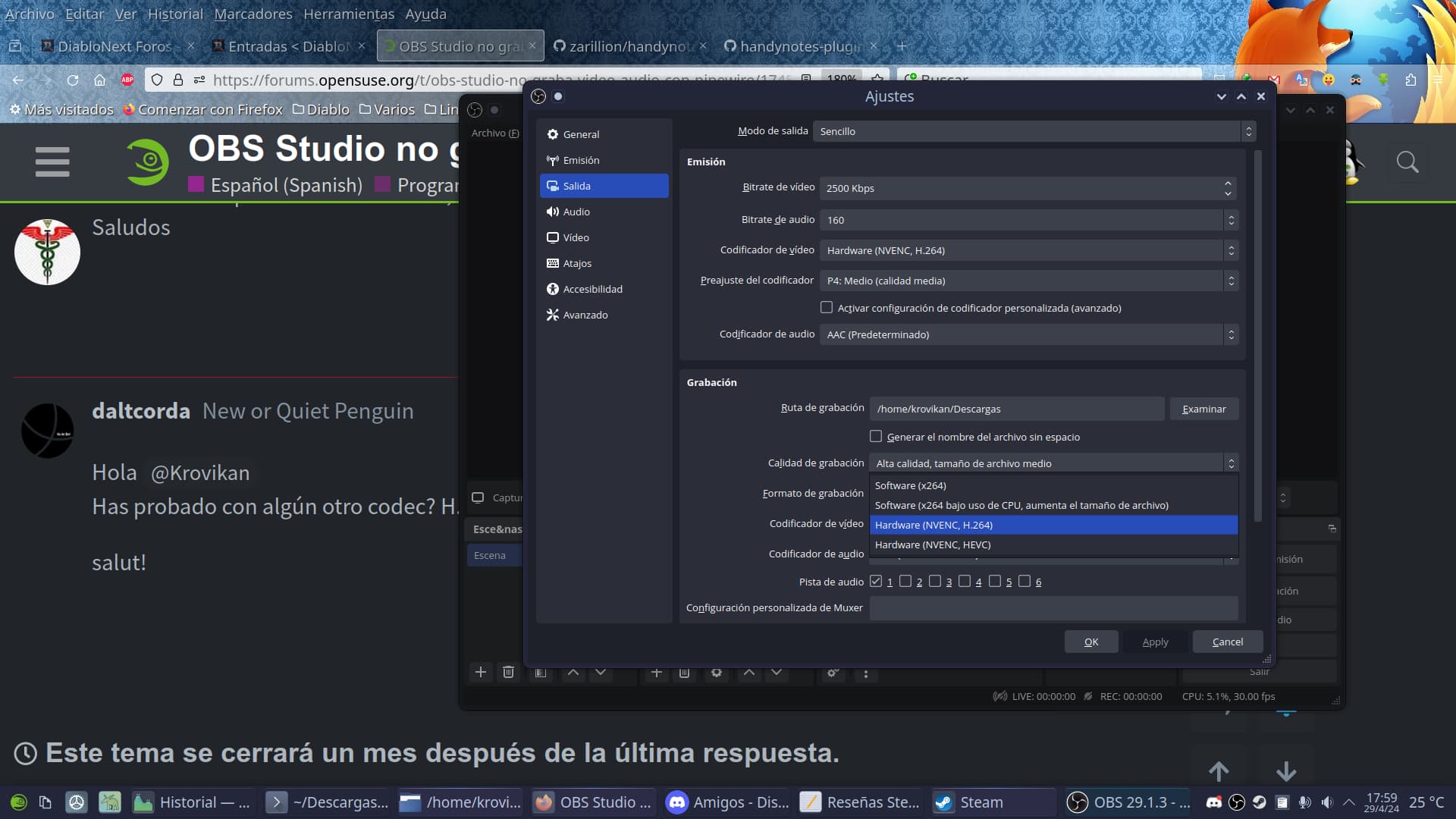 OBS Studio no graba vídeo + audio con PipeWire - Programas - Aplicaciones - openSUSE Forums