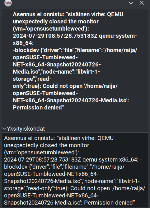 QEMU error after 20460629 update rollback fixes it - Virtualization - openSUSE Forums